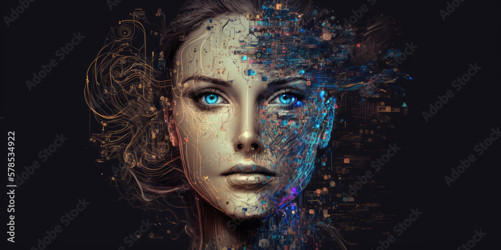 Feminine Face comprised of computer chips and circuits, concept of ...
