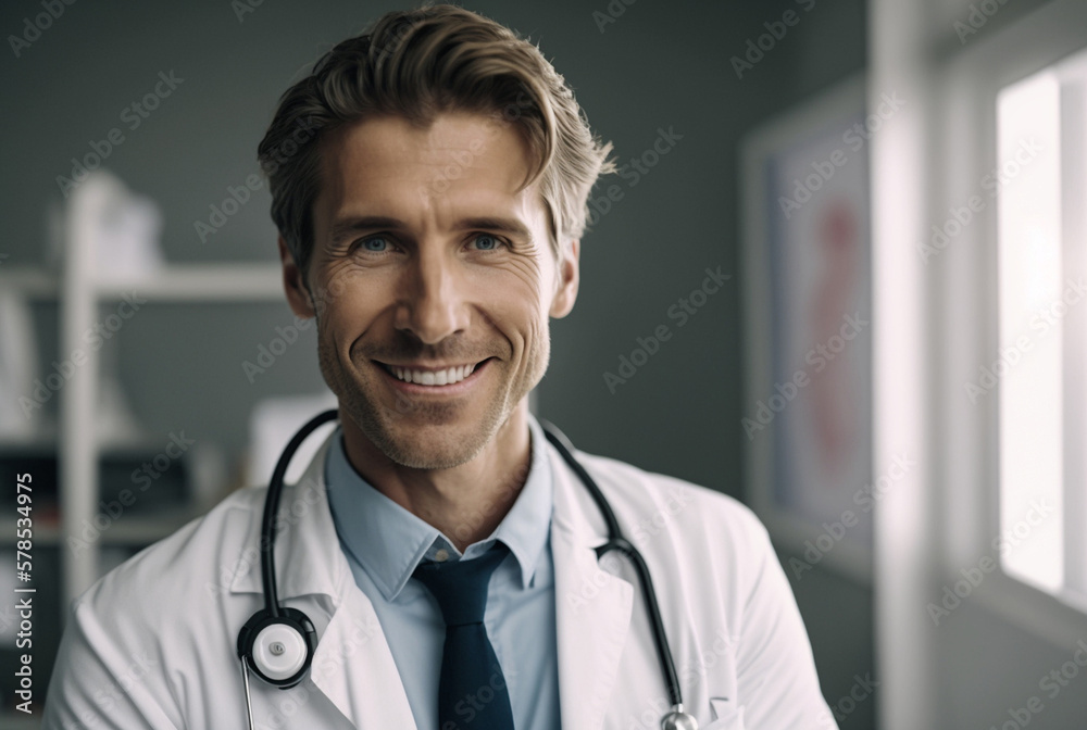 adult man is doctor with a stethoscope and white doctor's coat, in a ...