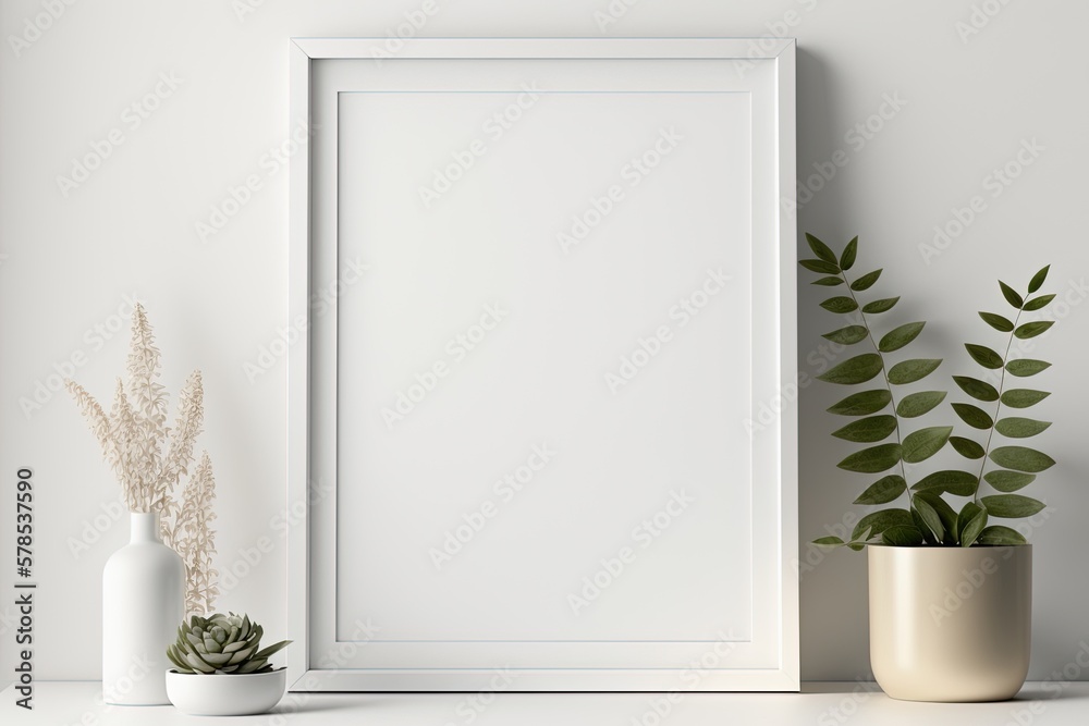 Blank horizontal poster frame mock up in minimal white style living ...
