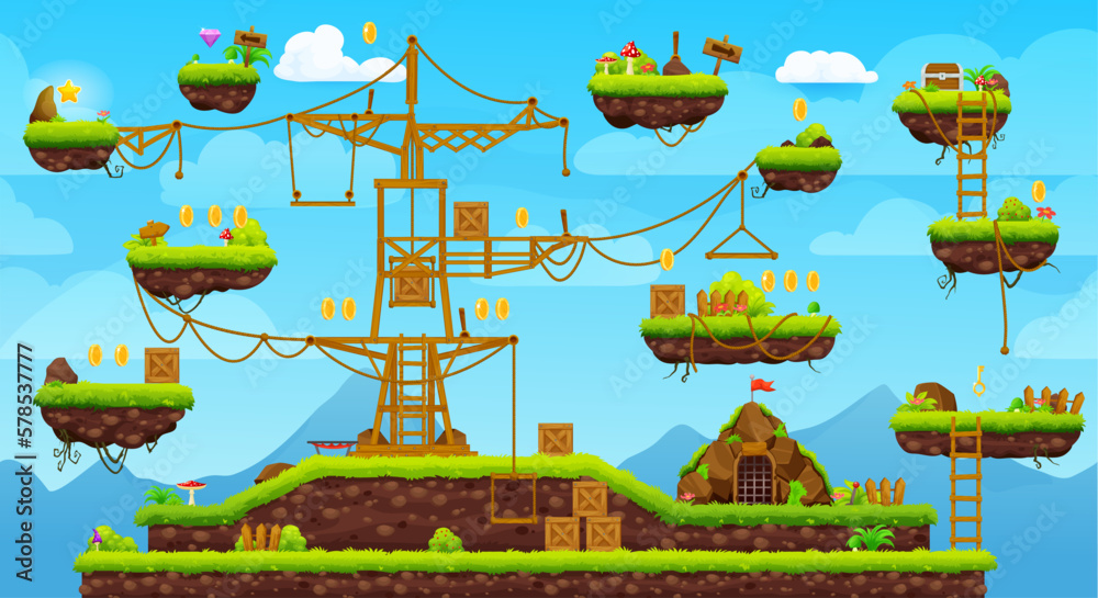 2d arcade game level map interface. Platform, stairs, coin, bonus and ...