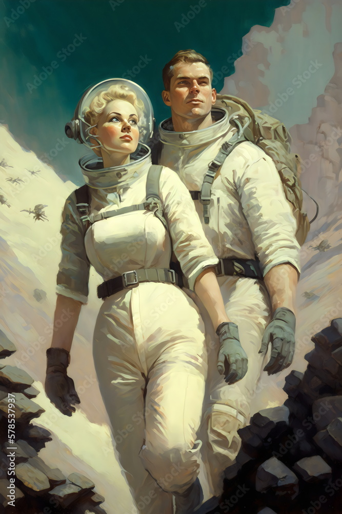 vintage full length sci-fi painting of man and woman astronauts on ...