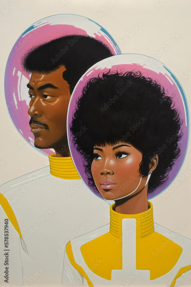 vintage sci-fi painting of poc male and female astronauts in helmets on ...