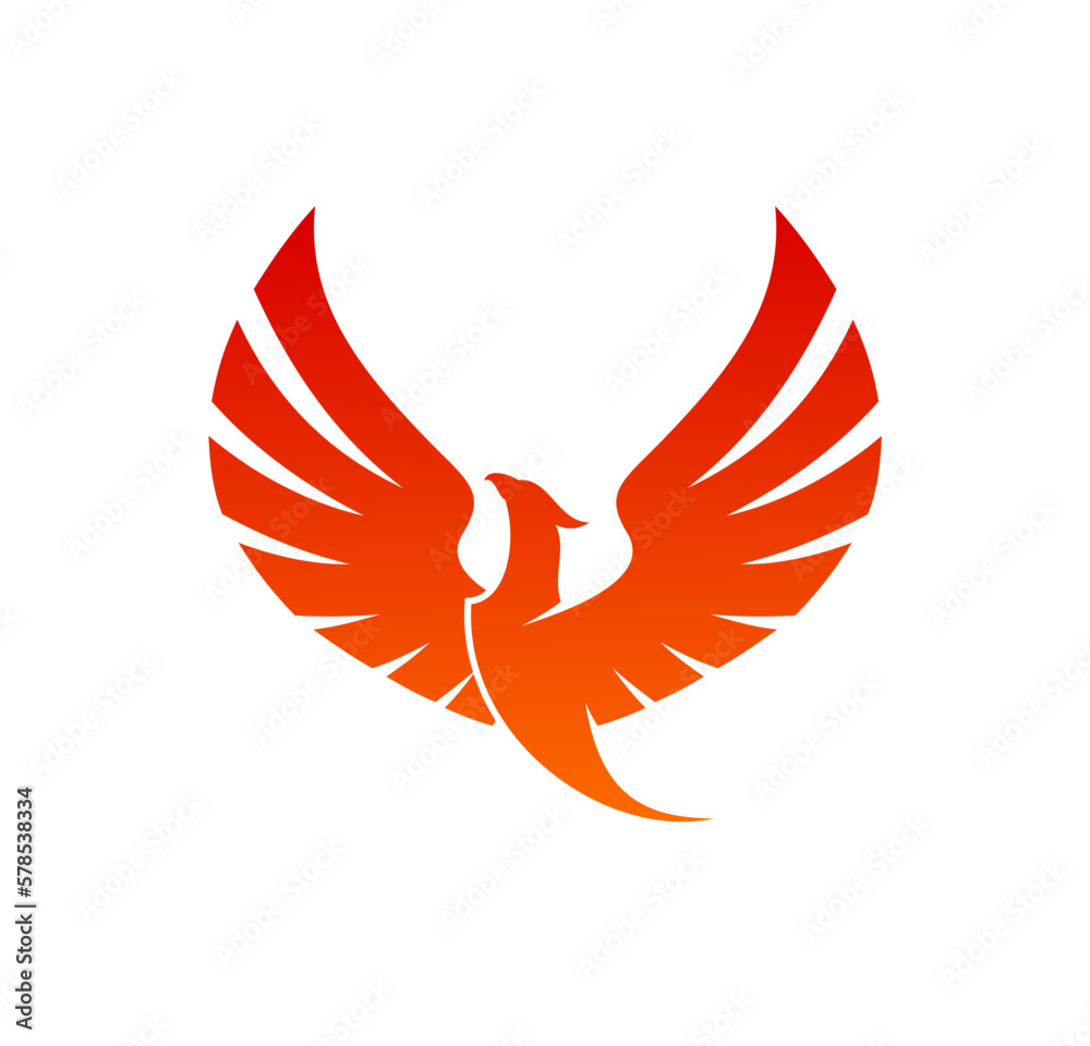 Phoenix bird with raised wings of red fire flames. Vector flying fenix ...