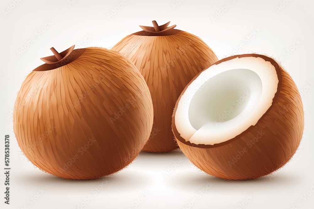 Picture of a whole coconut on a white backdrop. Cocos nucifera, or ...