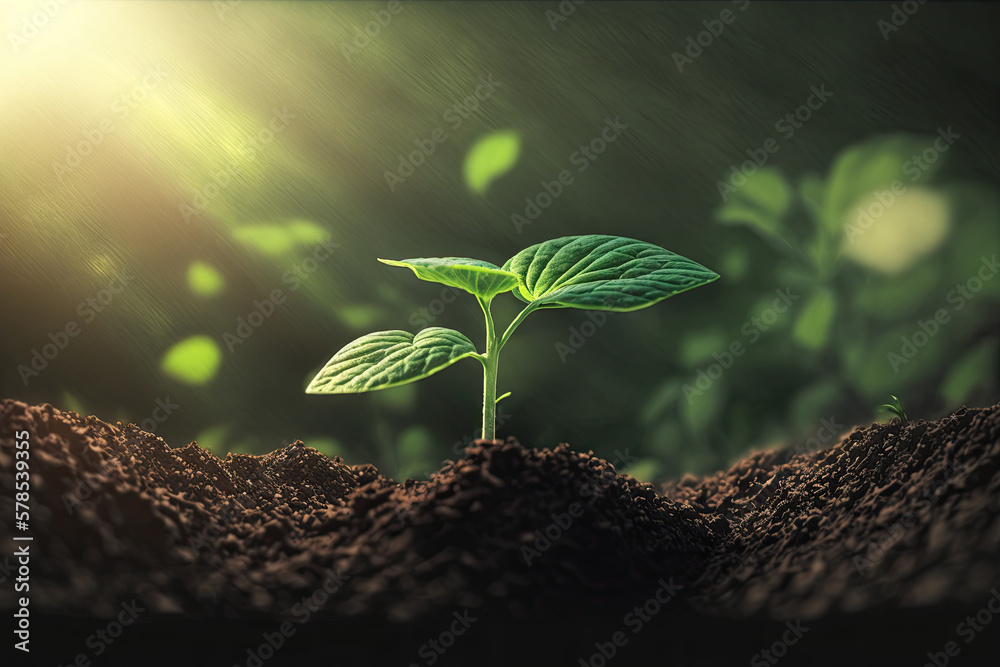 developing plant, young plant with ground backdrop and dawn light, New ...