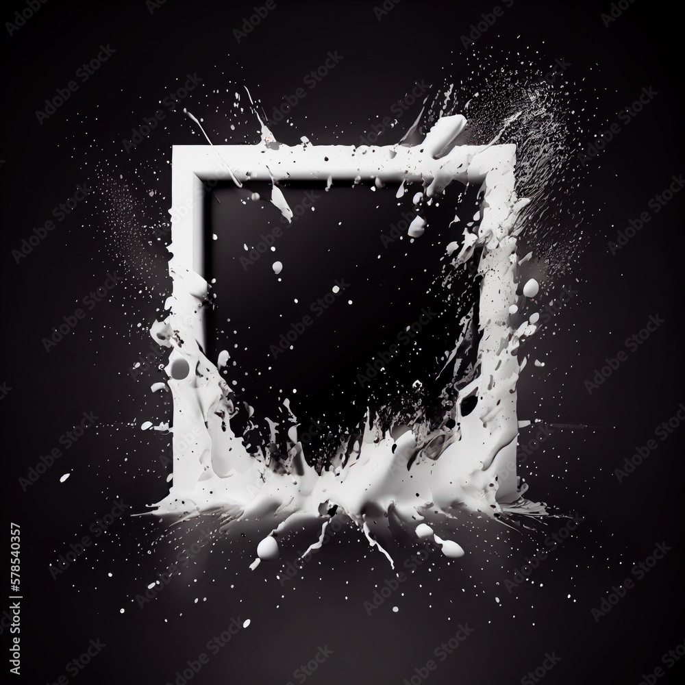 A square frame with white paint splashes on black background. Liquid ...