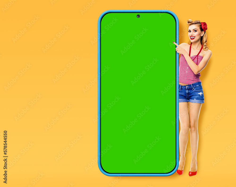 Full body beautiful woman in pin up cloth, show big cell phone, mobile ...