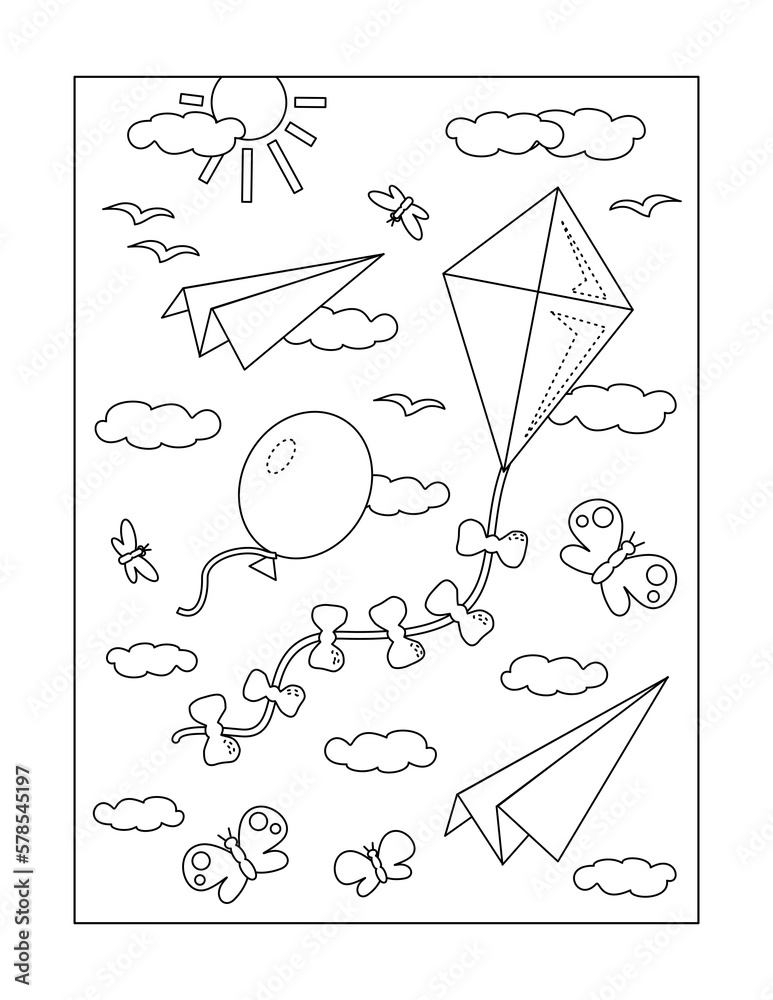Things that fly in the air coloring page with kite, balloon, paper ...