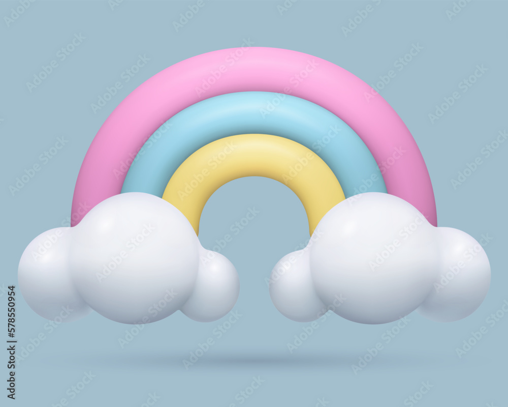 3d Rainbow Icon with white clouds realistic three dimensional cartoon ...