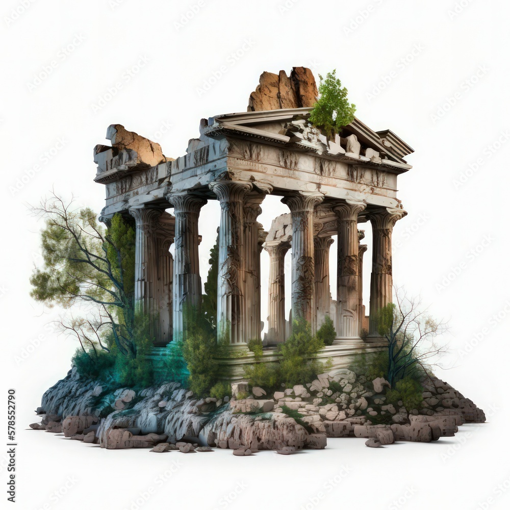 Ruins of an ancient temple with columns and steps isolated on a white ...