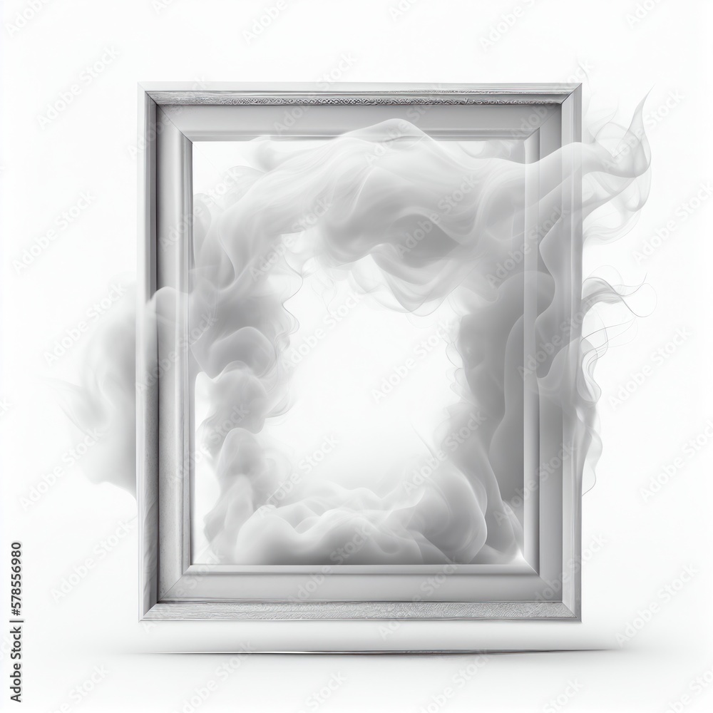 White and grey swirling smoke square frame isolated on white background ...