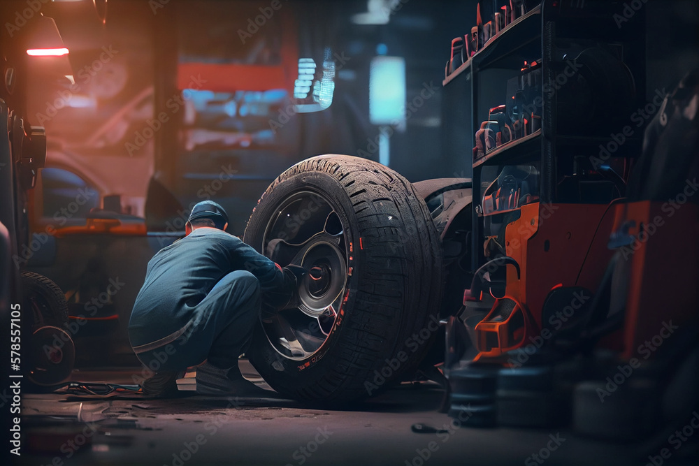 Auto mechanic works in a garage and changes a tire.generative ai Stock ...