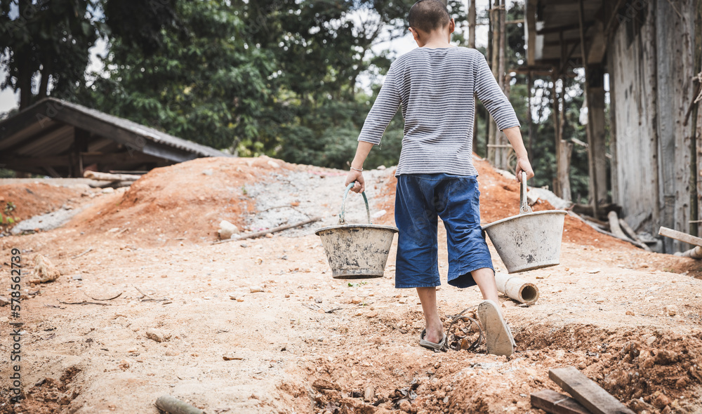 Poor children working at construction site against children labour ...