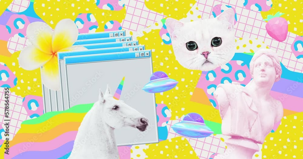 Modern photo collage loop animation. Creative unicorn fantasy retro ...