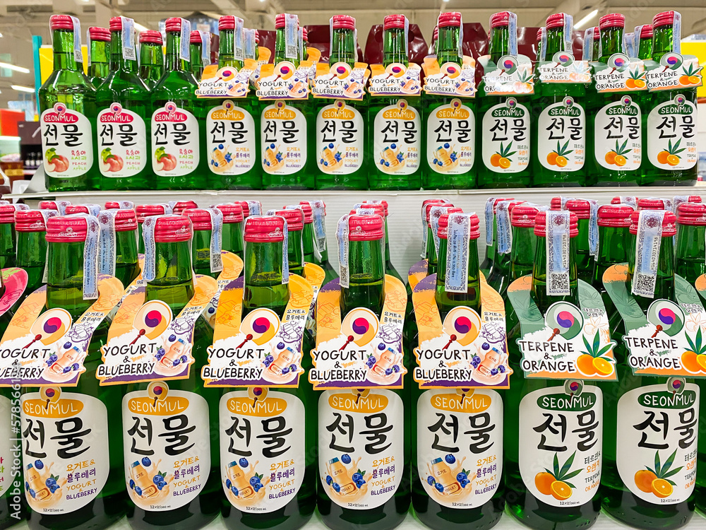 Bangkok Thailand - 06 March 2023: Many bottles of Soju on shelf for ...