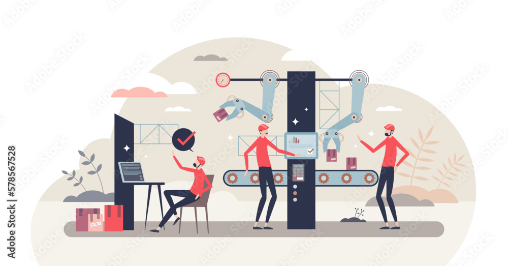 Production line with assembly arm and digital conveyer tiny person ...