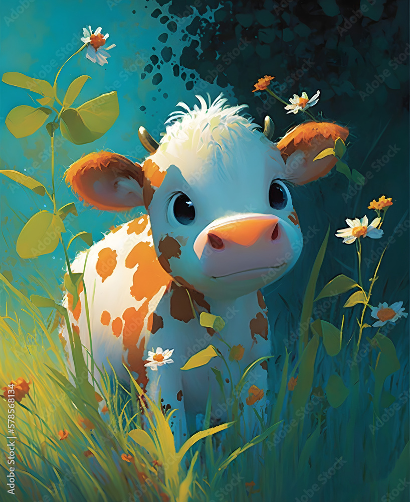 Cute baby cow bright and colorful created with Generative AI technology ...