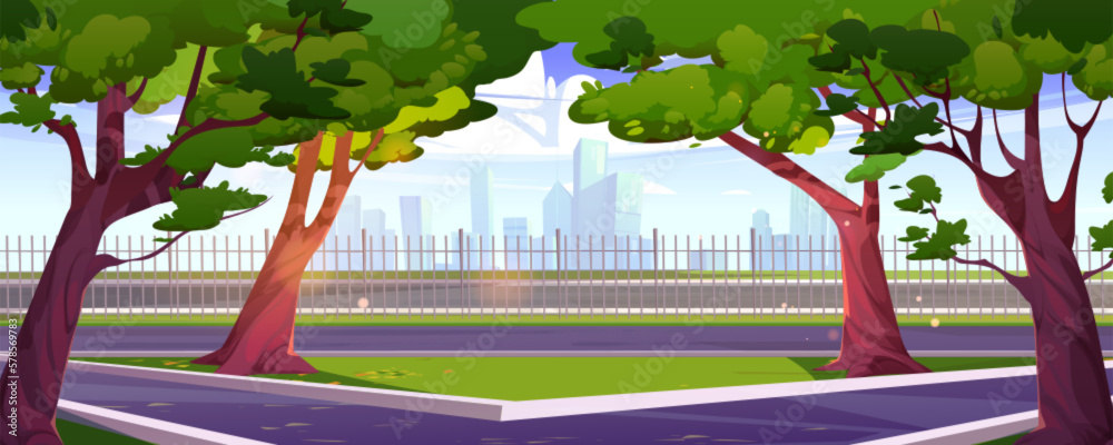 Summer city park landscape background. Cartoon vector skyline scene ...