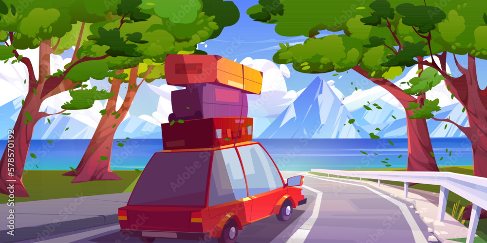 Holiday vacation, travel, road trip concept. Summer landscape with ...