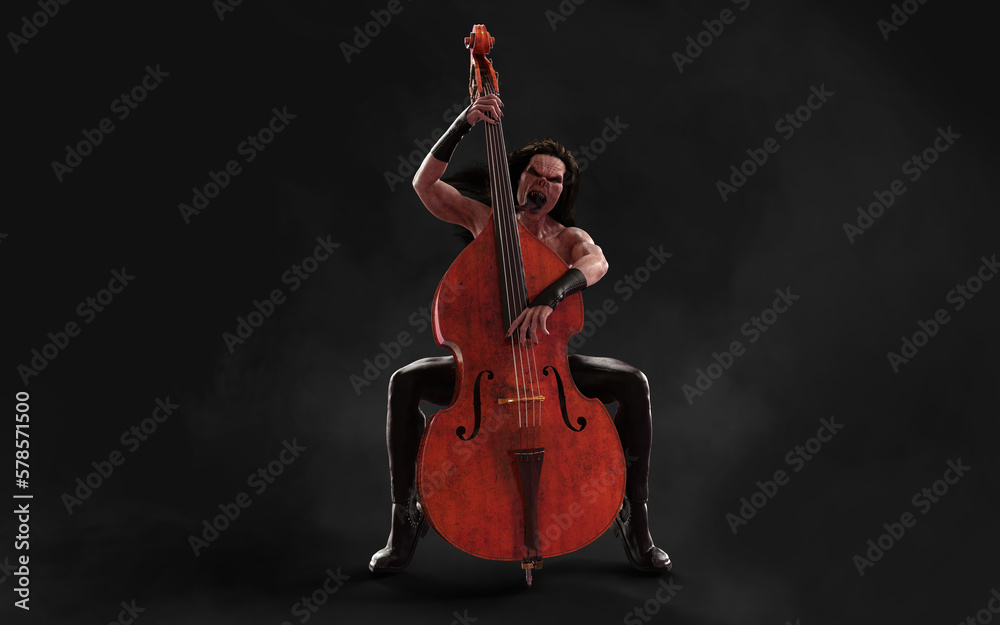 3d Illustration Devil pose and plays a double bass surrounded on dark ...