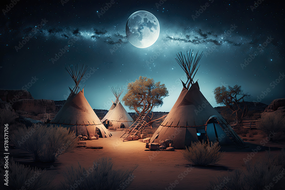Native American village with traditional native Indian teepees during ...