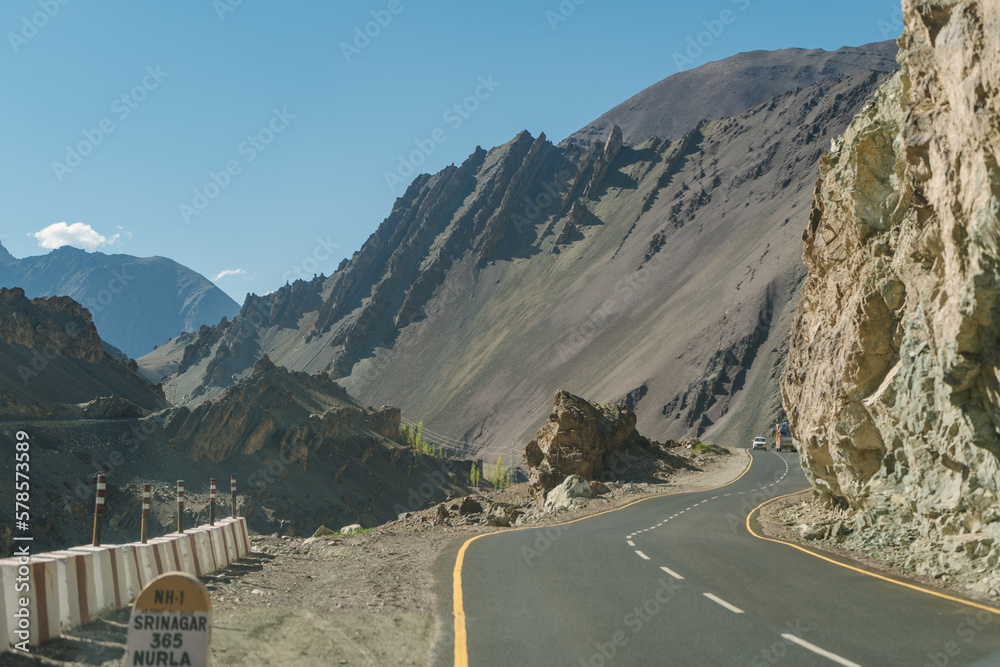 Car driving on the road to Leh Ladakh. Inside view of a car. Beautiful ...