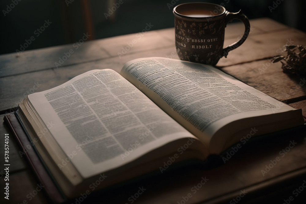 holy bible. An open book is reflected in table. Book as a symbol of ...