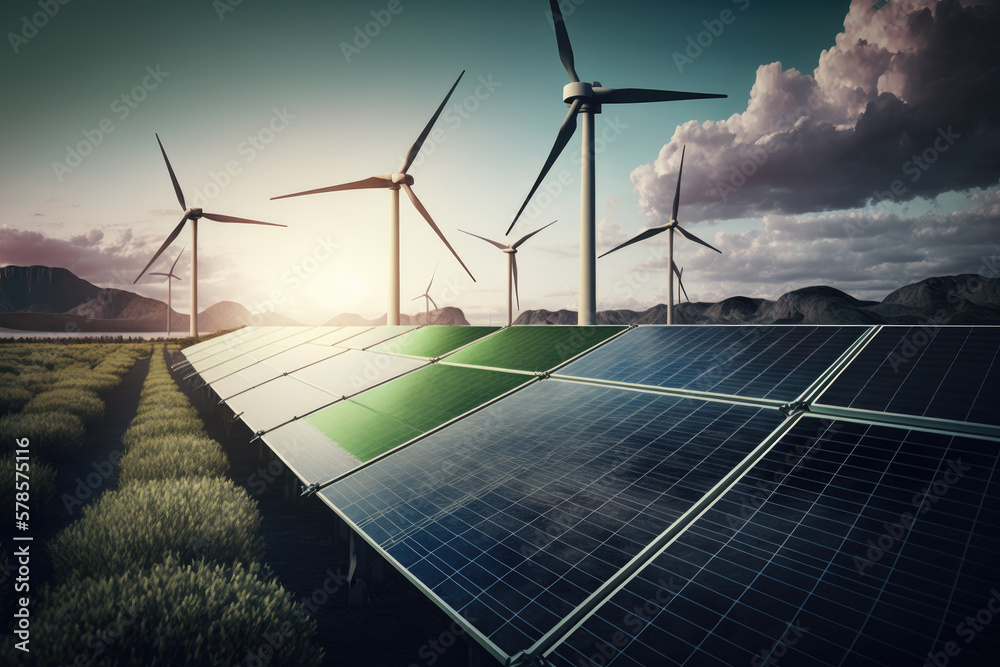 Renewable energy background with green energy as wind turbines and ...