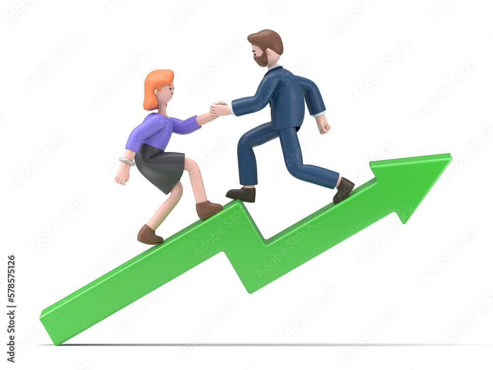 3D illustration of cartoon characters. Goal-focused, increase ...