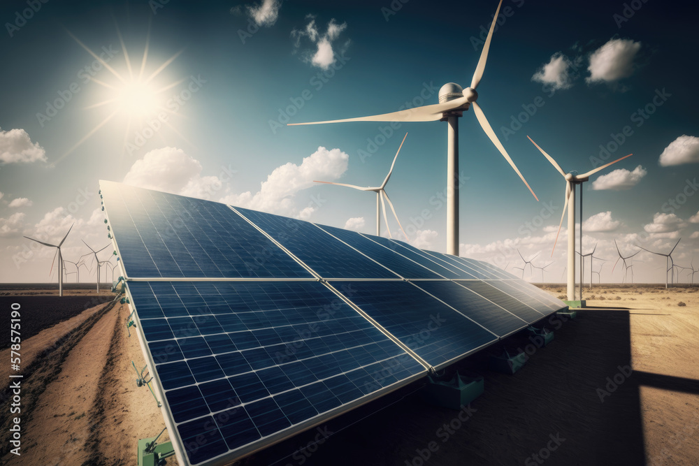 Renewable energy background with green energy as wind turbines and ...
