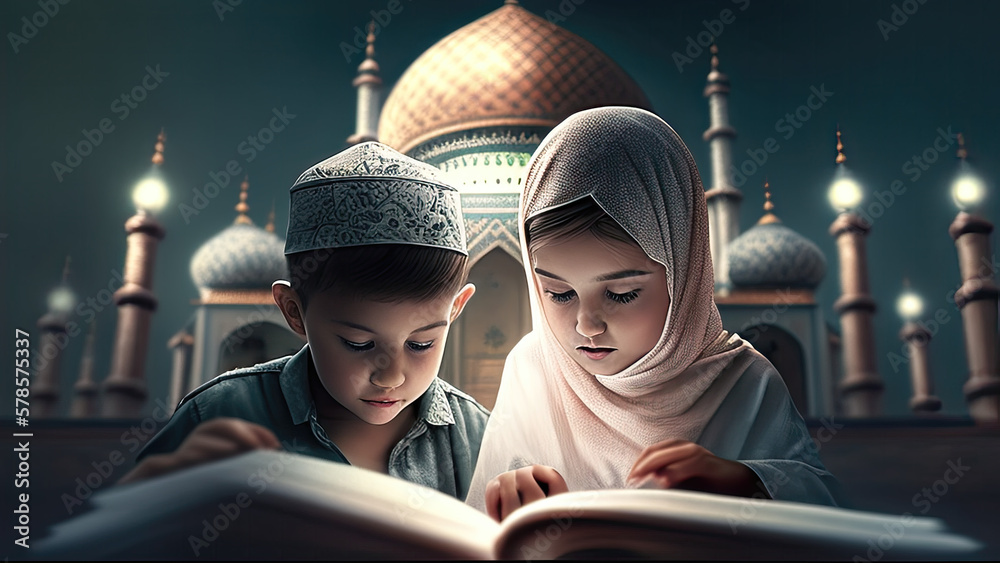 muslim young kids praying on a starry and crescent moon moon night ...