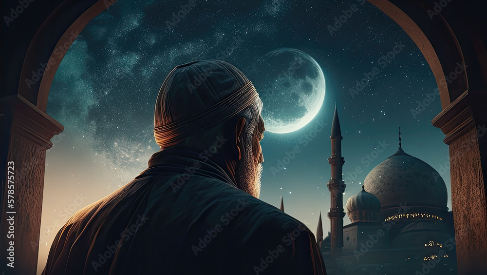 muslim old man praying on a starry and crescent moon moon night ...