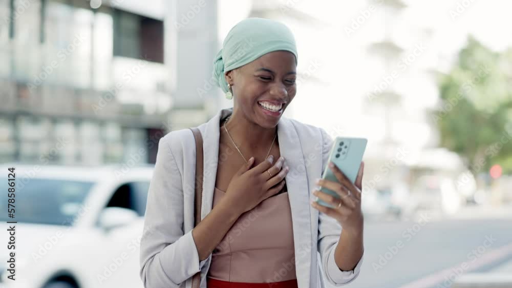 Video call, black woman in city and talking with smile, contact and ...