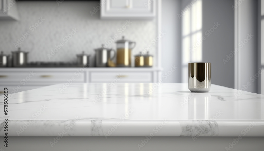 Empty white marble counter top table modern kitchen for display over ...