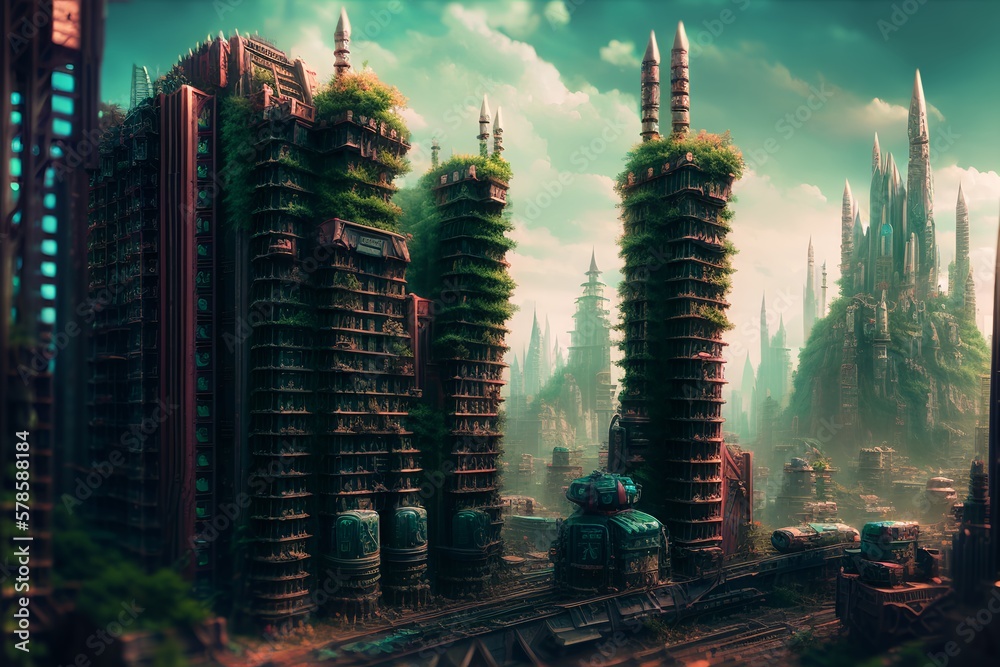 Futuristic city with a overgrown buildings, life after people. Post ...