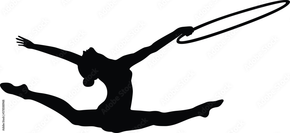girl gymnast exercise split leap with hoop in rhythmic gymnastics ...