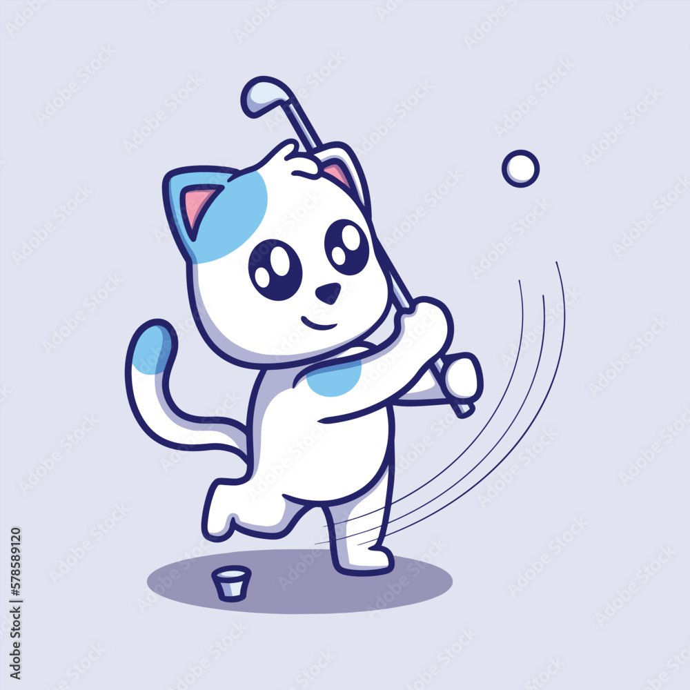 Cute cat playing golf cartoon icon illustration. funny drawing ...