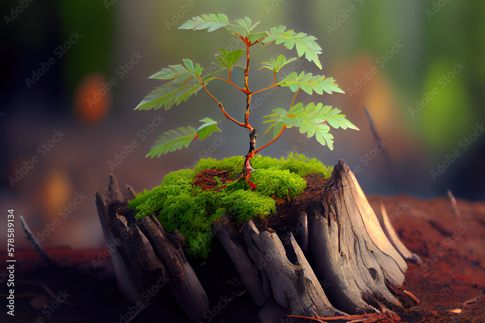 Young rowan tree seedling grow from old stump in Poland forest ...