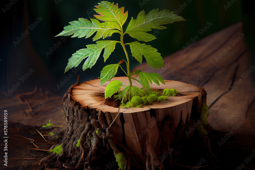 Young rowan tree seedling grow from old stump in Poland forest ...