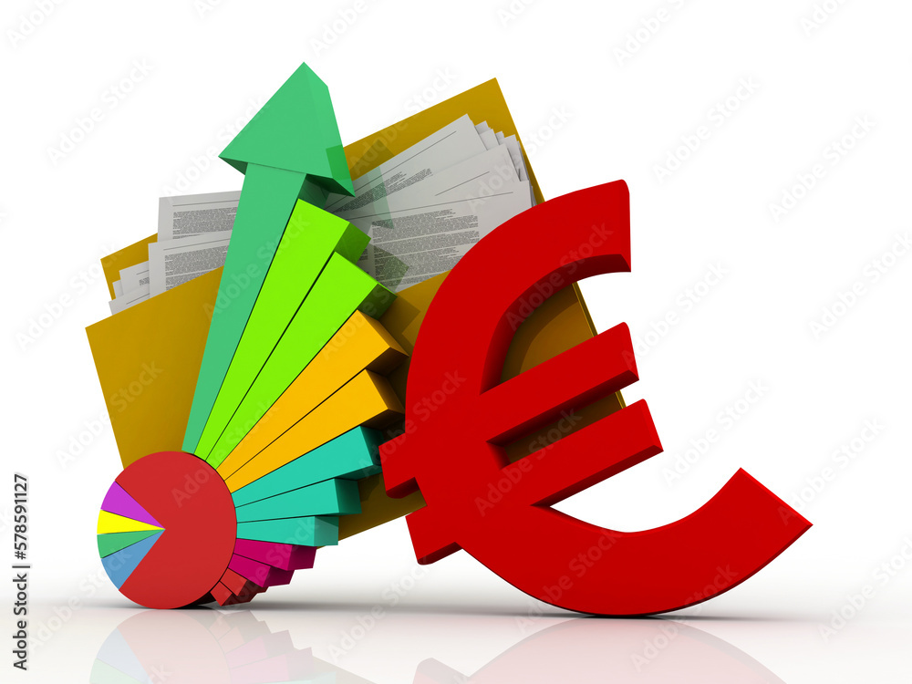 3d rendering Folder icon with paper sheet and 3D Graph near euro symbol ...