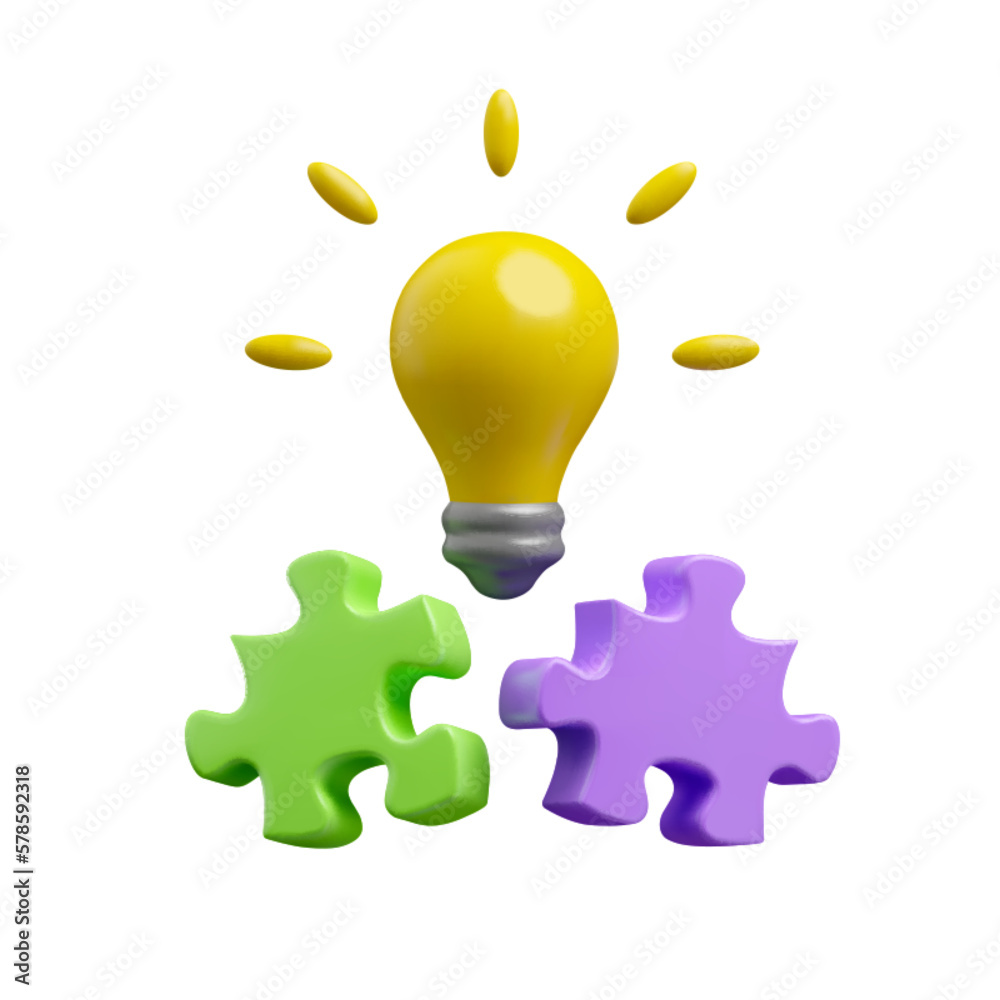 Vector 3d solving problem concept. Shining cartoon light bulb and ...