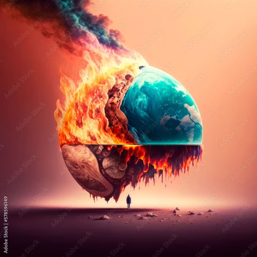 Concept of global warming with the earth set on fire and destroyed with ...