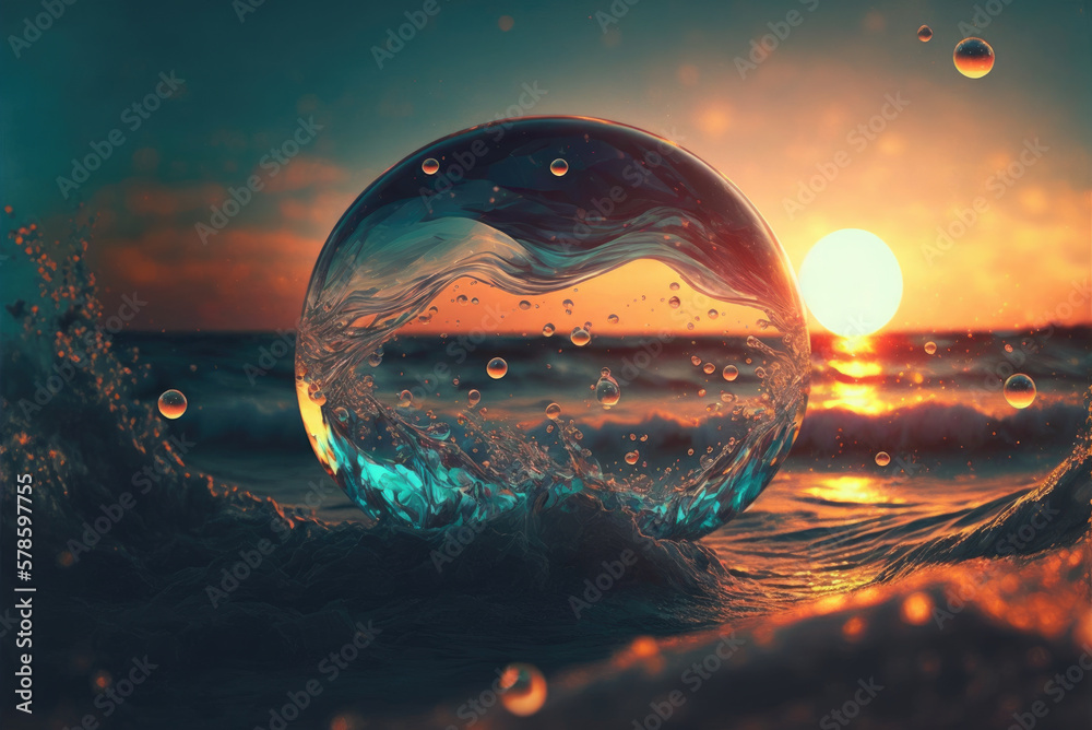 Iridescent sphere water bubble, trapped swirling waves inside, floating ...