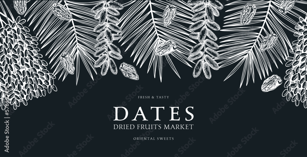 Hand drawn border design with date palm leaves and ripe fruit ...