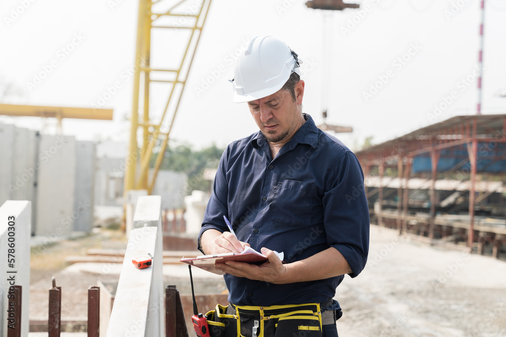 Foreman builder male inspecting precast concrete wall structure quality ...