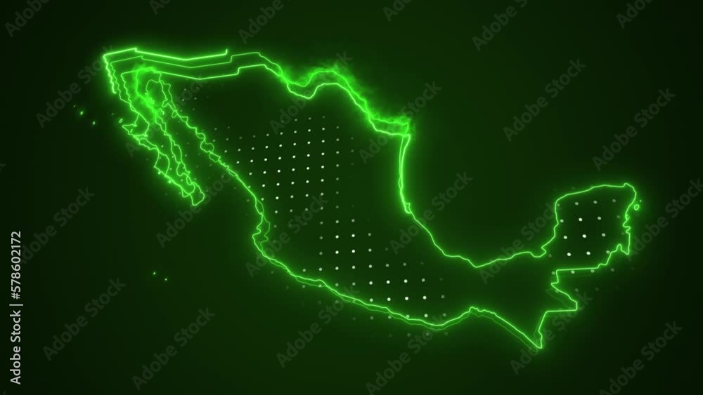 3D Moving Neon Green Mexico Map Borders Outline Loop Background. Neon ...