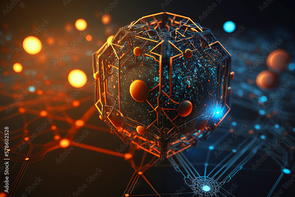 Global network. Blockchain 3D illustration. Neural networks and artificial intelligence ...