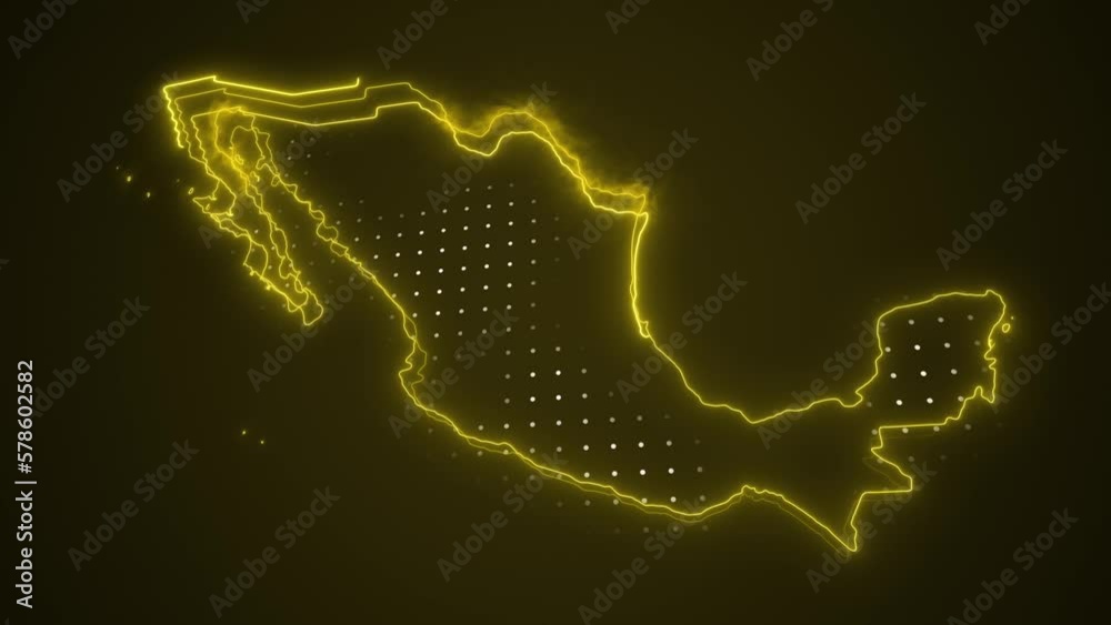 3D Moving Neon Yellow Mexico Map Borders Outline Loop Background. Neon ...