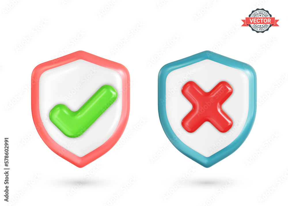 Correct and incorrect signs on shield icons. Right and wrong mark icons ...