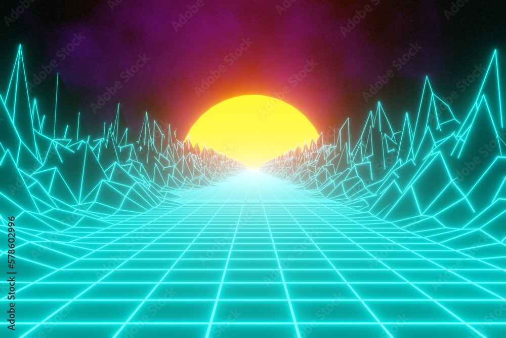 Cyan retro futuristic technology background 3d render, 80s retro ...
